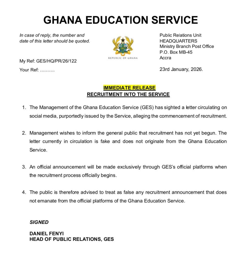 No Recruitment Yet, GES Cautions Over False Online Letter - Firstnewsroom