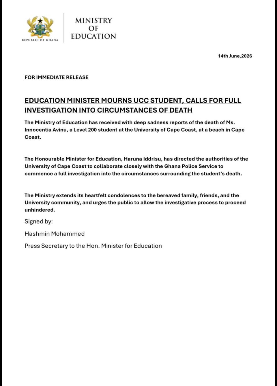 Haruna Iddrisu Orders Full Probe into Death of Missing UCC Student ...